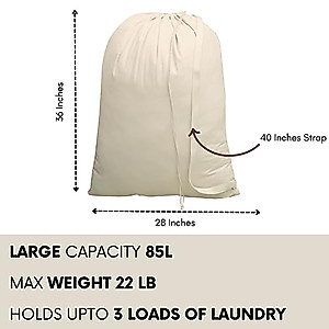 Laundry Bag | Travel Laundry Bag for Dirty Clothes |Canvas Cotton Long Strap to Carry |Hamper Liner Bag | Drawstring Closure Washable Home Storage College Dorm| 2 Pack 28x36 Inch Natural