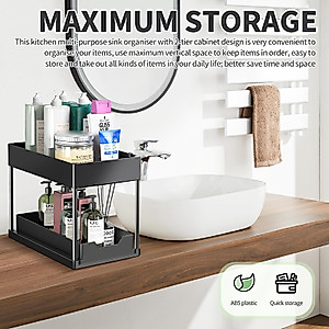 Kitchen Multi-Purpose Sink Organiser, Under Drawer Organiser, Under Sink Storage, 2 Tier Under Cabinet Organiser with Hooks and Cups, Cupboards, Bathrooms and Kitchens, Black
