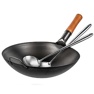 YOSUKATA Carbon Steel Wok Pan 14 17’’ Wok Spatula and Ladle - Set of 2 Heat-Resistant Wok Tools