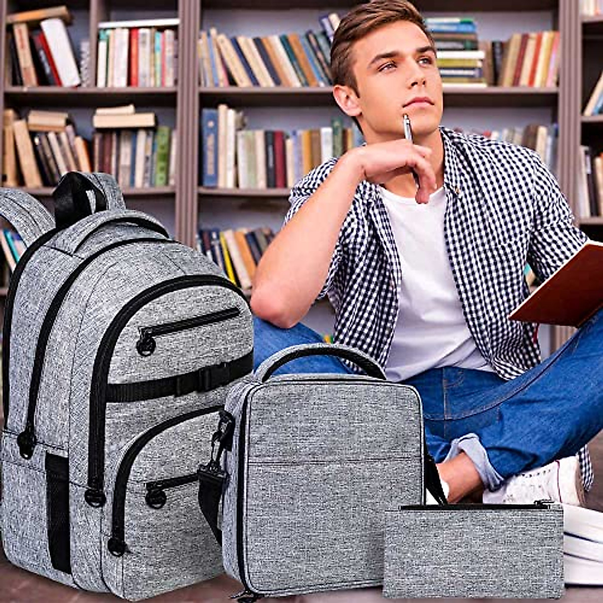 Laptop Backpack, 16 Inch School Bag College Bookbag, Anti Theft Daypack Bags and Lunch Bag Set, Water Resistant Backpacks for Teens Boys Men Students - Grey