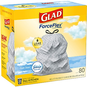 GLAD ForceFlex Tall Drawstring Trash Bags, 13 Gallon Grey Trash Bags for Tall Kitchen Trash Can, Fresh Clean with Febreze Freshness to Eliminate Odors, 80 Count - Packaging May Vary