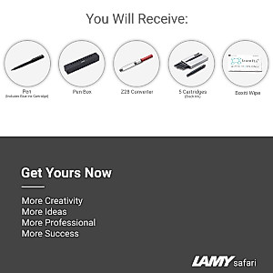 Boxiti Set - Lamy Safari Fountain Pen Charcoal, Fine Nib | 5 Black Ink Cartridges, Z28 Converter and Wipe