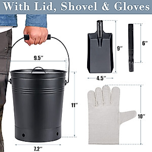 Ash Bucket with Lid and Coal Shovel, Fireplace Metal Bucket, Charcoal Bucket, Ash Can, Galvanized Iron Ash Bucket for Hearth, Fire Pit, Wood Burning Stove, Grill, Black