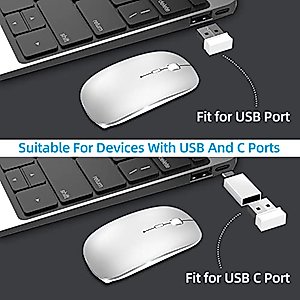 Wireless Mouse for Laptop, Bluetooth Mouse for Macbook Pro/Air/Mac/iPad/Chromebook/Computer -Rechargeale Dual Mode(USB 2.4Ghz + Bluetooth 5.2+ Bluetooth 3.0) Silent Cordless Mouse with USB C Adapter