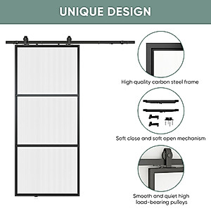 JUBEST Glass Barn Door 42in x 84in, Reeded Glass Carbon Steel Pre-Drilled Frame Sliding Barn Door Panel with 7FT Hardware Kit and Soft Close