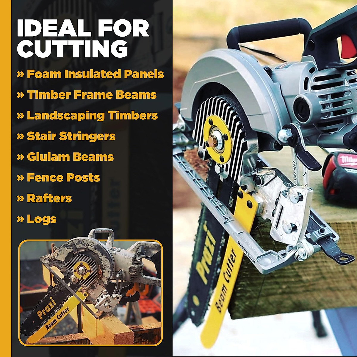 Prazi 12" Beam Cutter Attachment for Circular Saws – for 7-1/4"-8-1/2" WormDrive Saws – American Owned Company – Increase Cut Depth from 2-1/2” to 12”