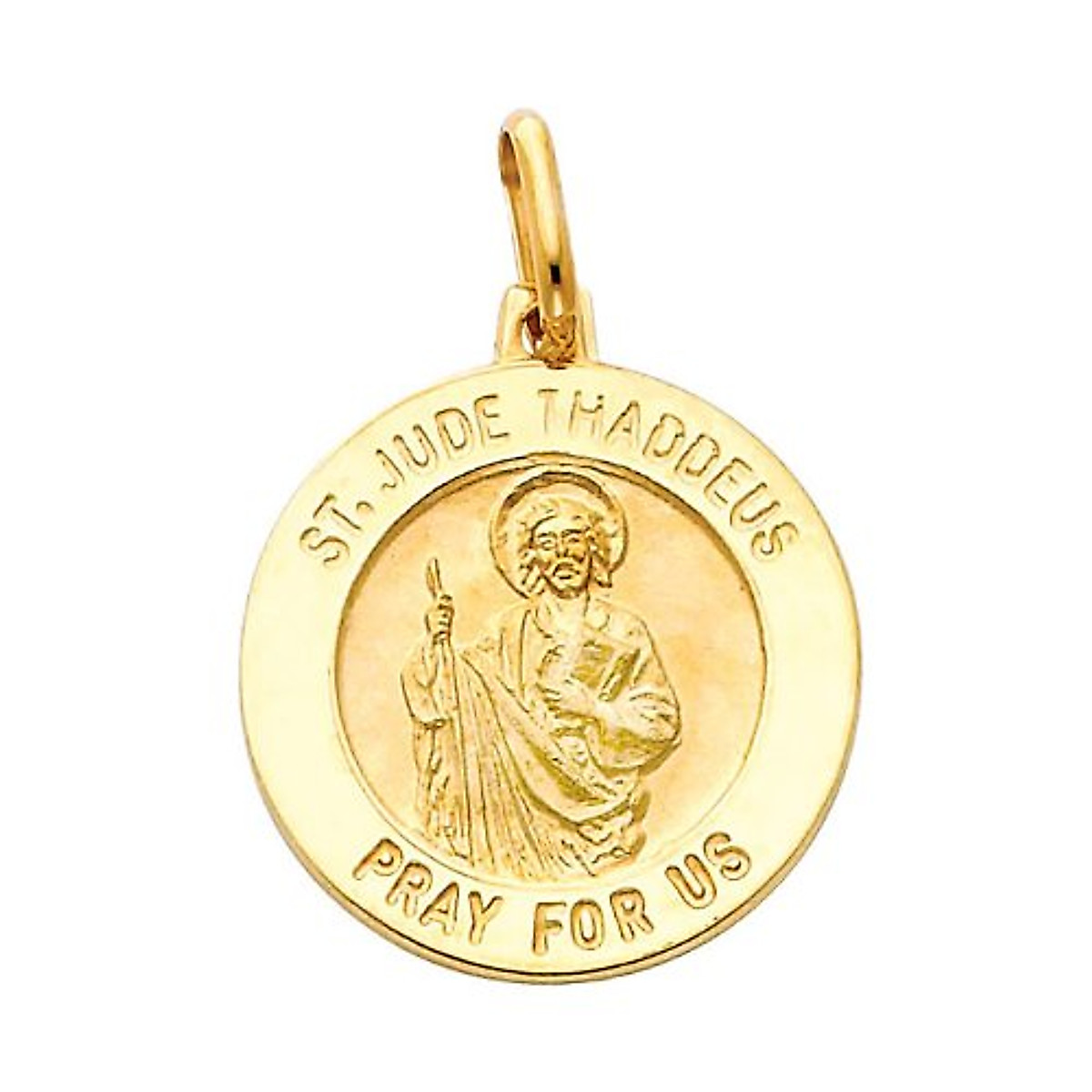 GM Fine Jewelry 14k Yellow Gold Religious Saint Jude Thaddeus Medal Charm Pendant with 1.5mm Flat Open wheat Chain Necklace - 18"