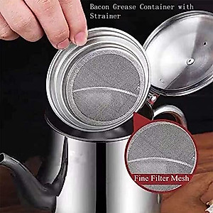 Stainless Steel Oiler with Strainer, Bacon Grease Container with Strainer and Spout, Reusable Stainless Steel Oiler for Bacon Grease, 304 Stainless Steel Oil Strainer Pot for Kitchen (24 oz)