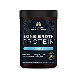Ancient Nutrition Protein Powder Made from Real Chicken and Beef Bone Broth, Vanilla, 20g Protein Per Serving, 20 Serving Tub, Gluten Free Hydrolyzed Collagen Peptides Supplement