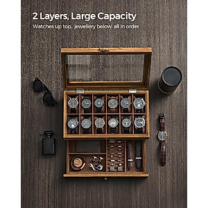 SONGMICS 12-Slot Watch Box, 2-Tier Watch Display Case with Large Glass Lid, Removable Watch Pillows, Velvet Lining, Jewelry Box, Gift Idea, Rustic Walnut UJOW012K01