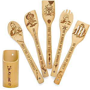6Pcs Horror Movie Character Cooking Gift Set Wooden Spoons Utensils with Matching Holder - Halloween Movie Merchandise Laser Engraved Bamboo Spoons Set for Horror Movie Gifts, Horror Movie Party Decor