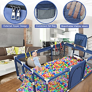 Baby Playpen, Baby Ball Pit with Gate, Safe No Gaps Kids Play Pen Activity Center Play Area w/Breathable Mesh, Non-Slip Suckers, Dark Blue(No Ocean Balls)