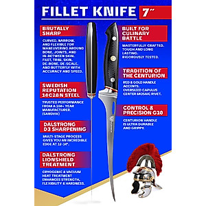 DALSTRONG Fillet Knife - 7 inch - Flexible Kitchen Knife - Centurion Series - Swedish 14C28N High Carbon Stainless Steel - Boning, Trimming, Skinning - Razor Sharp - G10 Handle Boning Knife - w/Sheath