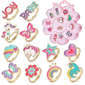 PinkSheep Rings for Kids Jewelry for Girls Unicorn Ring Rainbow Ring Butterfly Ring 12 PC Gift for 4/5/6/7/9/10 Years Old Flower Packaging