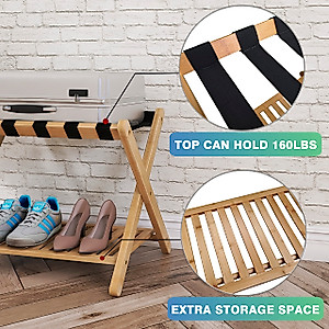 SMIBUY Luggage Rack, Set of 2, Foldable Bamboo Suitcase Stand with Storage Shelf for Guest Room, Bedroom, Hotel, Heavy-Duty (Natural)