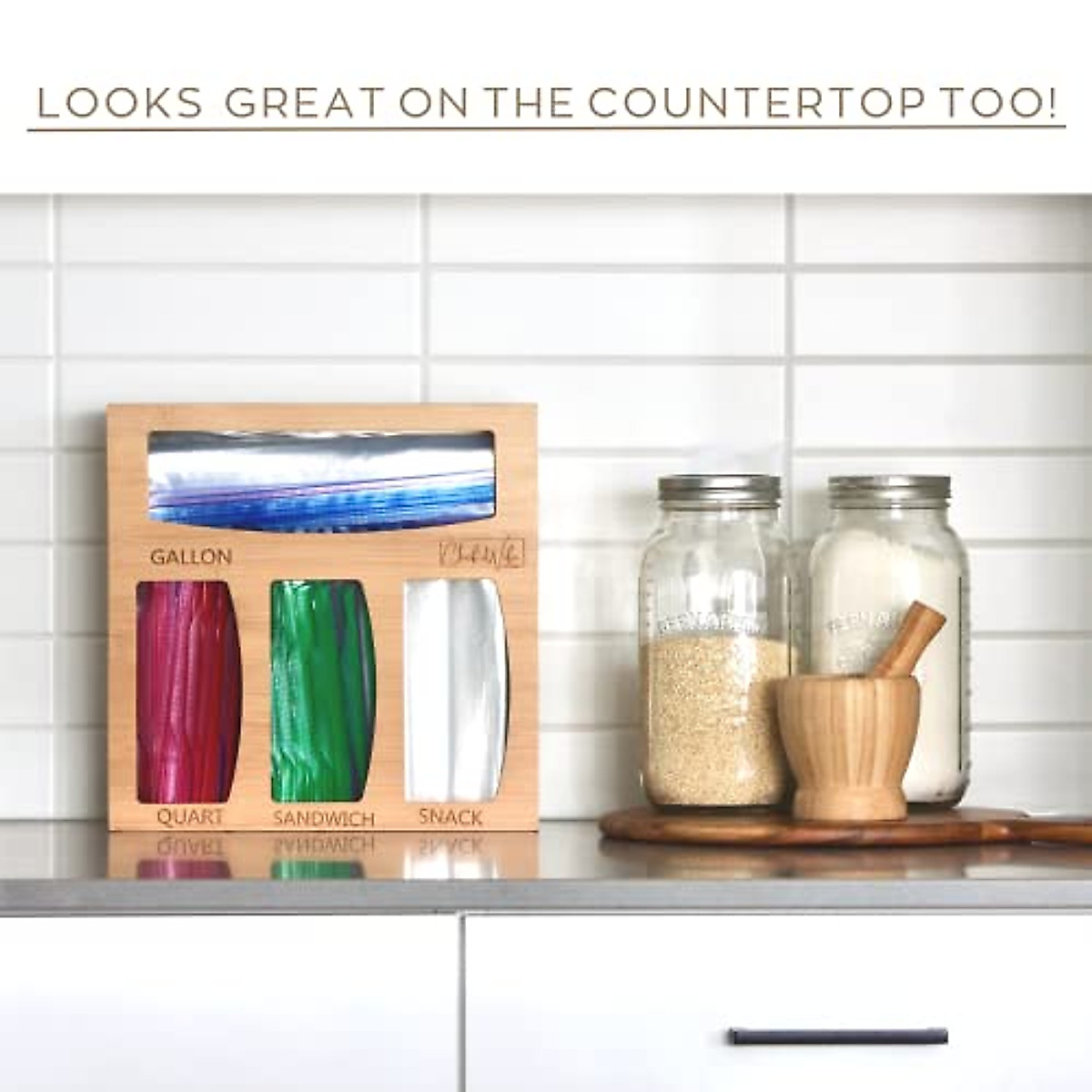 CHEF'S WIFE Ziplock Bag Storage Organizer for the Kitchen Drawer - Eco Friendly Bamboo Plastic Baggie Container - Compatible with Ziploc, Glad, Solimo, Hefty for Snack, Sandwich, Quart & Gallon Sizes