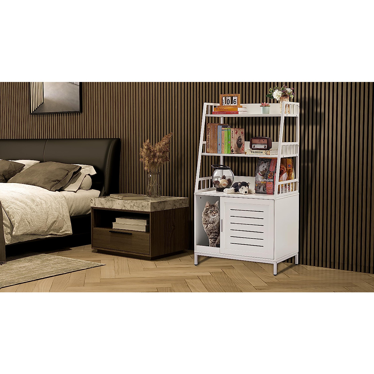 Sokiche Cat Litter Box Enclosure Furniture with Shelf Storage - Hidden Litter Box Enclosure Furniture Large Wooden with Cat Litter Trapping Mat Pad -Cat Washroom-Cat Cabinet-White