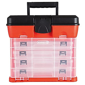 Storage Tool Box - Portable Multipurpose Organizer With Main Top Compartment and 4 Removable Multi-Compartment Trays by Stalwart,Red,11 in x 7 in x 10 in
