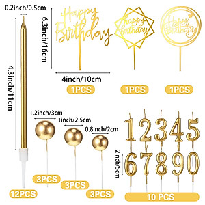 Yerliker 34 Pcs Happy Birthday Cake Toppers Decorations Birthday Candles for Men Women with 12 Long Thin Candles 10 Number Candles 9 Ball Cake Topper 3 Birthday Cake Topper(Gold)