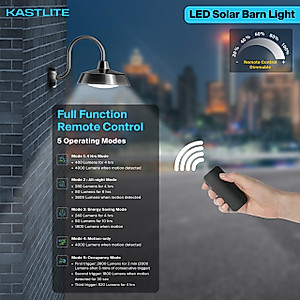 KastLite 45W Solar Barn Light - 150W Eq. 4000LM LED Dusk to Dawn Motion Sensor Outdoor Security Light Fixture - 5-Mode Remote Control Waterproof Yard Garage Patio Shed Exterior Wall Lighting, Black