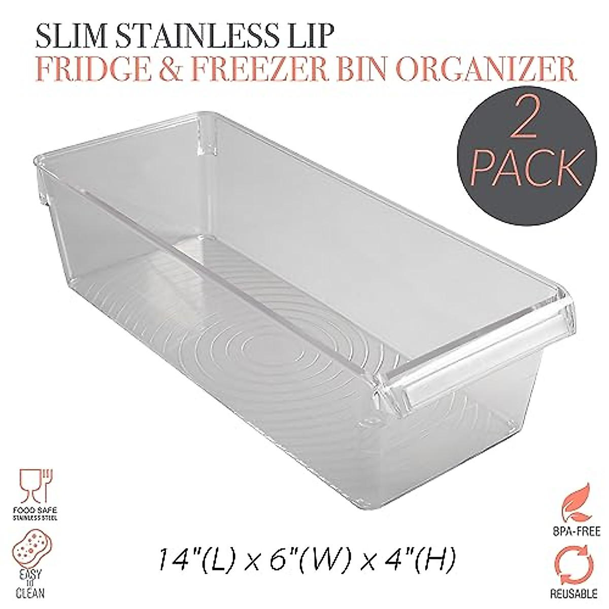 Kitchen Details 2 Pack Slim Refrigerator Storage Bin | Fridge & Freezer | Kitchen Organization | Stainless Steel Handle | Countertop | Cabinets | Pantry | Clear