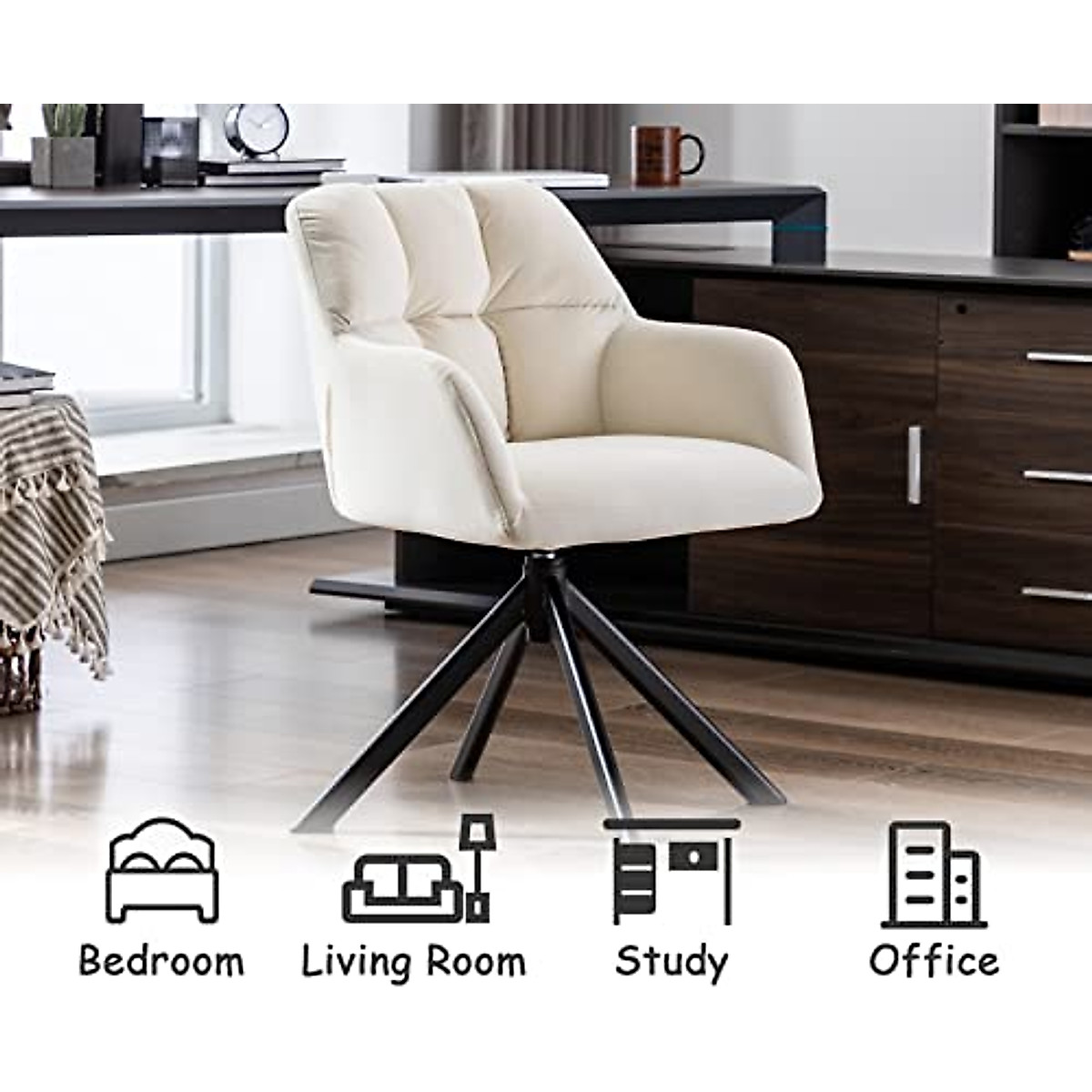 Shunzhi Modern Velvet Office Chair No Wheels Swirl Desk Chair Comfy Computer Task Chair Metal Legs Upholstered Accent Arm Chair for Living Room/Bedroom/Small Spaces/Home Office, White