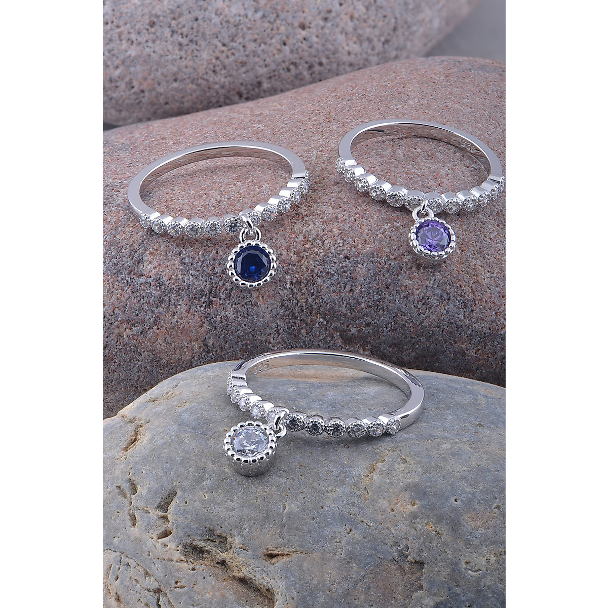 SILVERCLOSEOUT Rhodium Plated Sterling Silver Womens Thin Stackable Cz Cubic Zirconia Dangling Charm Ring - Size 11