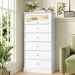 FINETONES 6 Drawer Dresser White Dresser, 48.7'' Tall White Dresser Chest of Drawers, White and Gold Dresser with Glass Drawer, Gold Dresser Modern Dresser for Home Office