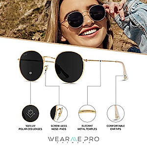 WearMe Pro - Reflective Lens Round Trendy Sunglasses (Gold Frame/Black Lens, 51)