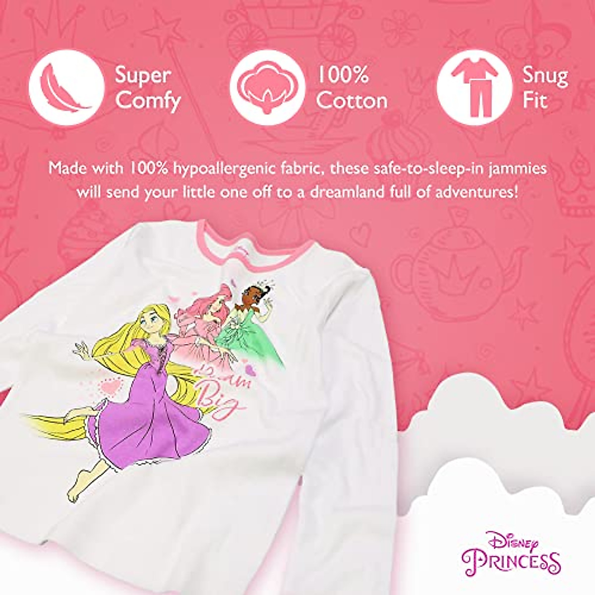 Disney Girls' Princess 6-Piece Snug-Fit Cotton Pajamas Set, DREAM BIG, 6
