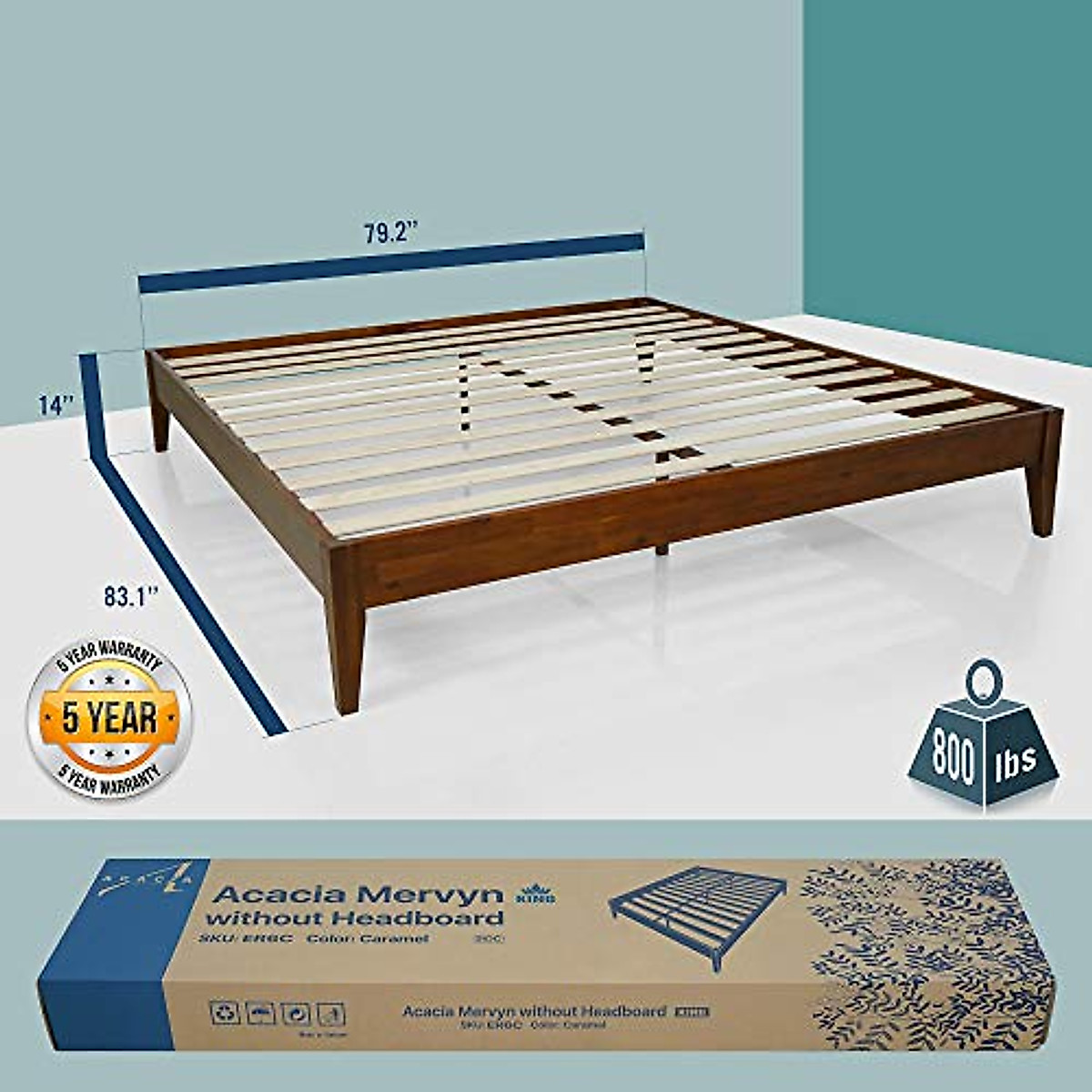 Acacia Mervyn Bed Frame Solid Wood Platform Bed, Bed Frame King, Natural Wood Bed Compatible with All Mattress Types, No Box Spring Needed, Wood Slats Support, Quick & Easy Assembly, Caramel