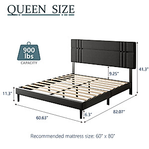 Bekusu Upholstered Queen Bed Frame with Adjustable Headboard and Sturdy Wooden Slats, Non-Slip and Noise-Free Design No Box Spring Needed Easy Assembly Dark Grey