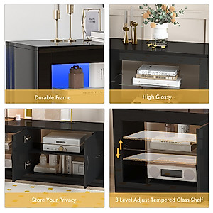 Vinctik 6&Fox 70 Inch Led TV Stand for 80/75 Inch TV, Modern Black Entertainment Center with Adjustable Glass Shelves Two Cabinets, Gaming High Gloss TV Stand with Led Light for Living Room,Black
