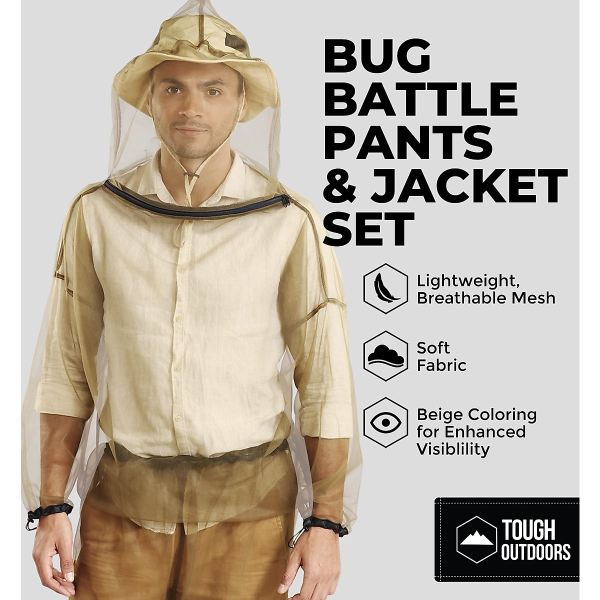 Tough Outdoors Mosquito Suit - Net Bug Pants & Jacket w/Hood - Mesh Bug Suit for Outdoor Protection from Bugs, Flies, Gnats, No-See-Ums & Midges - Clothing for Men & Women - w/Free Carry Pouch - Large