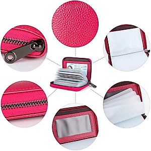 Suweibuke Genuine Leather Credit Card Holder Wallet RFID Blocking Secure Card Case ID Case Organizer Zipper Wallet (A-Rose Red)