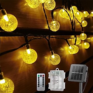 Solar & Battery Operated String Lights Outdoor LED Waterproof Decorative Lights with Remote, 8 Lighting Modes Crystal Globe Lights for Indoor Bedroom Garden Patio Decor, 60LED, 35.6FT, Warm White