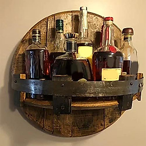 Whiskey Barrel Shelf Hand Crafted Liquor Bottle Display Vintage Round Wine Shelf Wooden Wall Mounted Wine Rack 7 Wine Bottle Round Shelf Wall Display Decoration for Home Bar Kitchen Cabinet