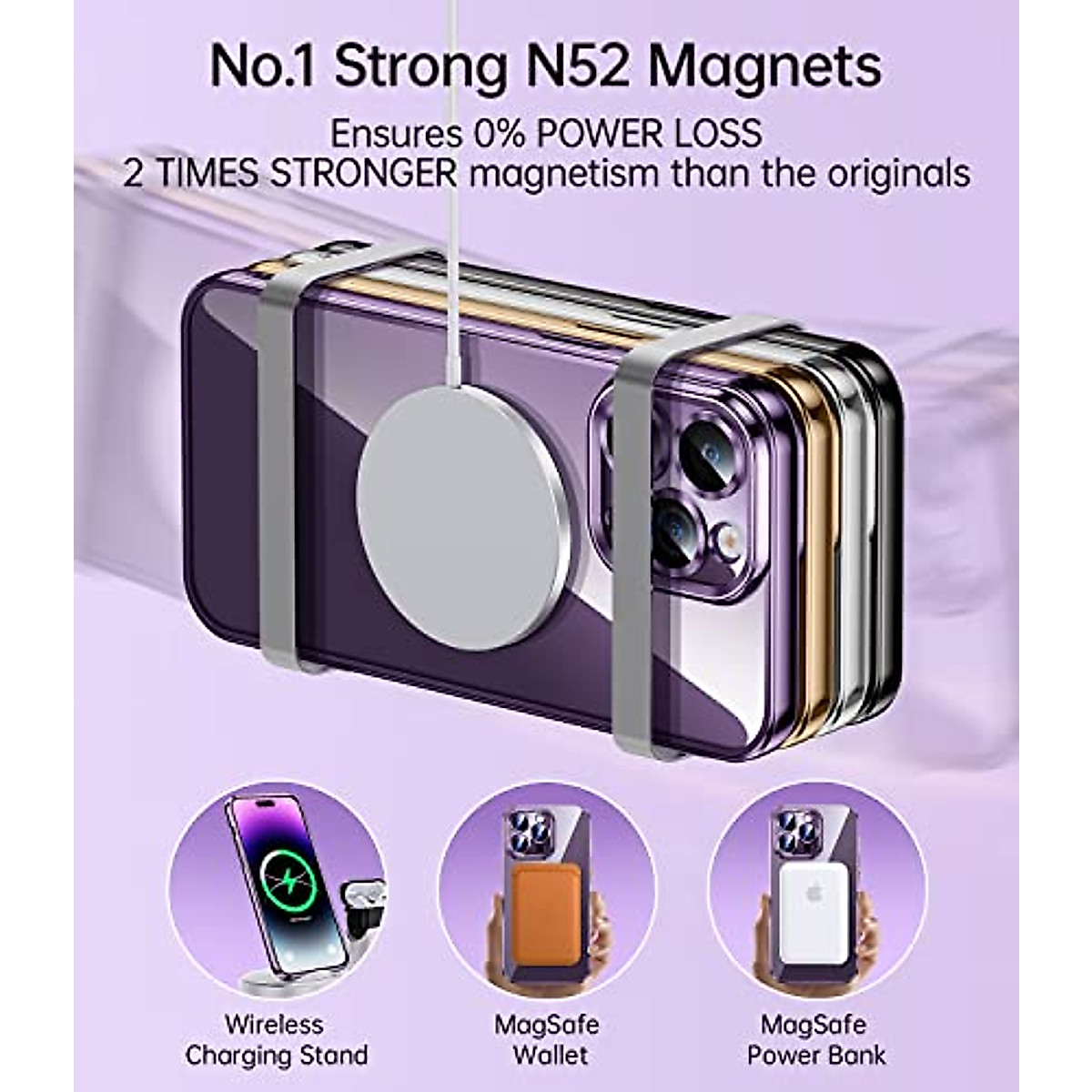 JUESHITUO Magnetic Clear for iPhone 14 ProMax Case with Full Camera Protection, No.1 Strong N52 Magnets, for iPhone 14 Pro Max Case, for Magsafe Women Girls Men Phone Case (6.7")-Deep Purple