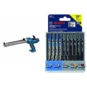BOSCH GCG18V-29N 18V Caulk and Adhesive Gun (Bare Tool)&BOSCH T5002 T-Shank Multi-Purpose Jigsaw Blades, 10 Piece, Assorted, Jig Saw Blade Set for Cutting Wood and Metal