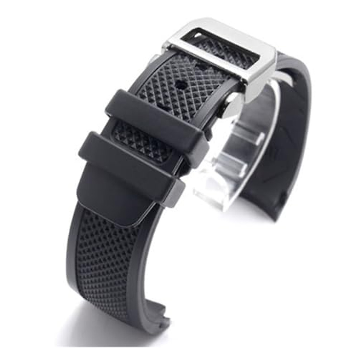 INEOUT 22mm Black Curved End Soft Silicone Rubber Watch Band Compatible With IWC PORTUGIESER YACHT CLUB CHRONOGRAPH IW390502 IW390209 Watch Strap (Color : Black black buckle, Size : 22mm)