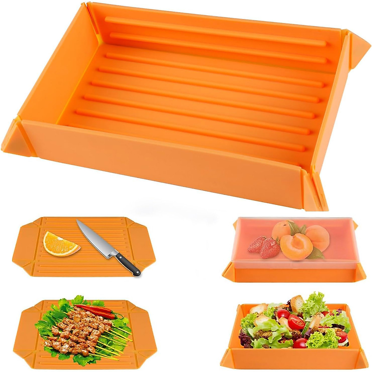 Silicone Collapsible Food Storage Containers, From 2D to 3D in 1 Sec, Reusable Dinner Plates for Camping, Hiking, Kitchen, Meal Prep, Snack, barbecue, with Lids (Orange)