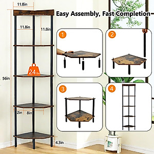 Corner Shelf Stand, Tall Corner Book Shelf Industrial 5 Tier Corner Display Rack Multipurpose Shelving Unit Corner Bookcase for Small Spaces Living Room Bedroom Home Office (Rustic Brown-5-Tier)