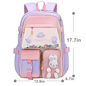 Nzahdwu Kawaii Backpack Girls, Cute Bunny Backpacks,Cartoon Large Capacity Waterproof Backpack Multifunction Laptop Travel Bag for Teens (Purple-17.7in)