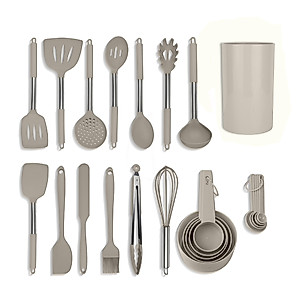 Silicone Kitchen Utensils Set - Culinary Couture 24-Pieces Khaki Silicone Cooking Utensils Set for Nonstick Cookware - Silicone Spatulas Set, Stainless Steel Handle & Other Kitchen accessories