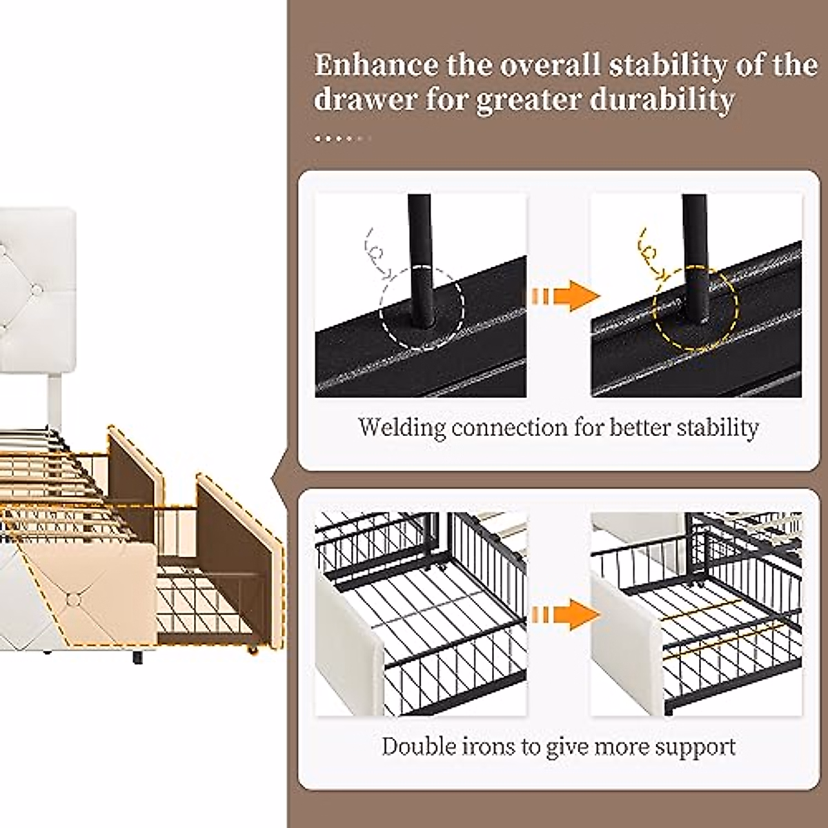 Yaheetech Full Upholstered Bed Frame with 4 Storage Drawers and Adjustable Headboard, Faux Leather Platform Bed Frame with Mattress Foundation, Strong Wooden Slats Support, No Box Spring Needed, Beige