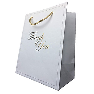 MODEENI White Thank You Gift Bags with Handles 12 Pcs Paper Medium 8x10 Fancy Gold Foil Luxury Event Shopping 8x5x10 Premium Quality Cute Matte Modern Elegant Embossed Birthday Merchandise Clothing Business Wedding