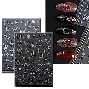 JMEOWIO 12 Sheets Moon Star Nail Art Stickers Decals Self-Adhesive Pegatinas Uñas Gold Silver Nail Supplies Nail Art Design Decoration Accessories