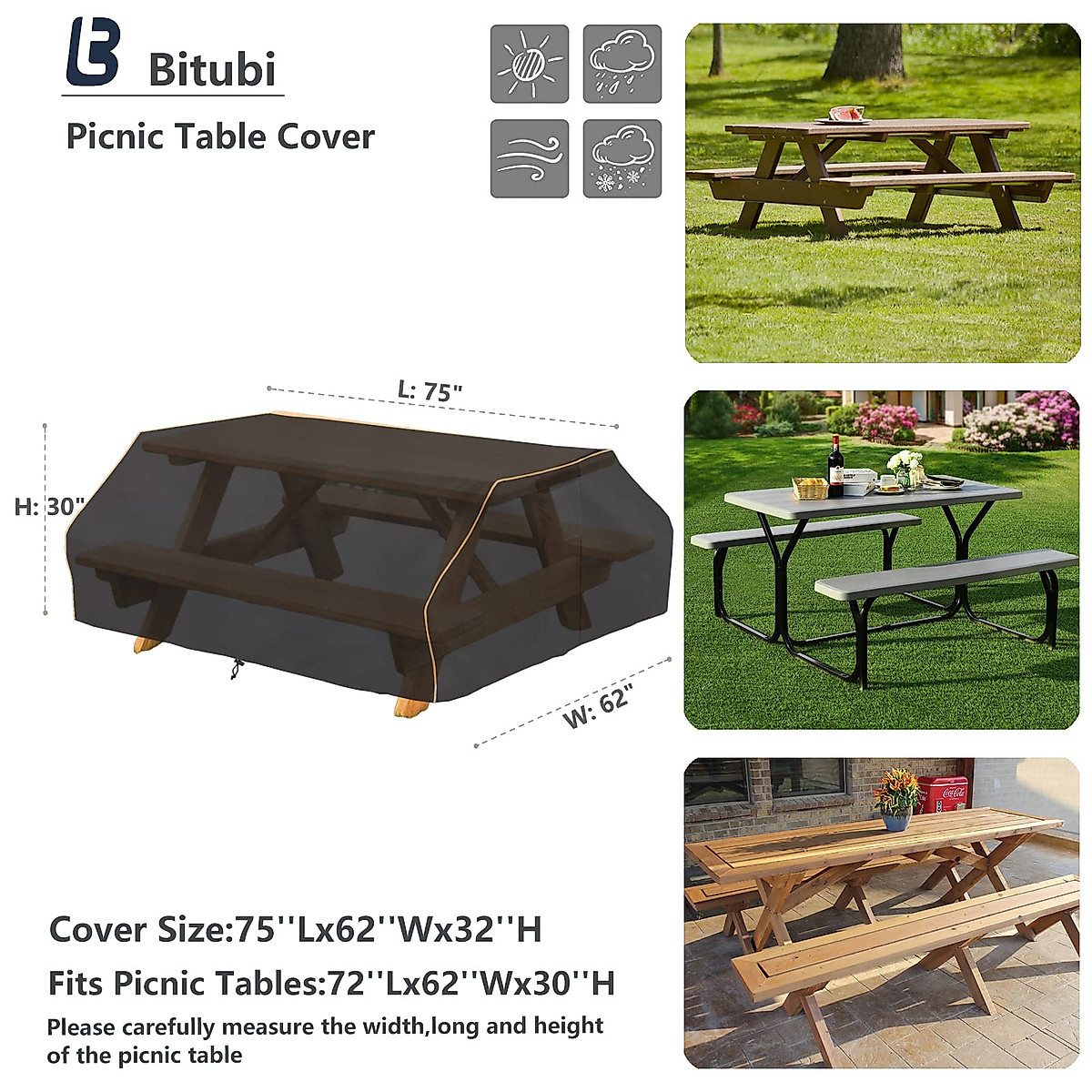 Bitubi 70 / 72 Inch Waterproof Picnic Table Cover With Bench Covers,Classic Black Wind Dust Proof Anti-UV, 72”Outdoor Cover For Picnic Table