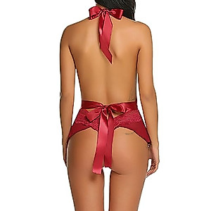 Avidlove Women Lingerie Teddy Deep V Halter One Piece Babydoll Mini Lace Bodysuit Wine Red Medium Wine Red Large