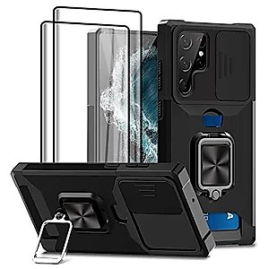 Jusy Wallet Case for Samsung Galaxy S22 Ultra & 2 Screen Protectors, with Sliding Camera Cover, Card Holder Slot and Magnetic Kickstand Ring, Heavy Duty Case Military Grade Cover (Black)
